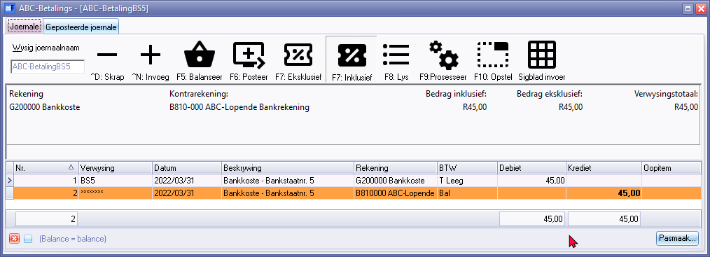 Bankkoste en ander items op bankstate