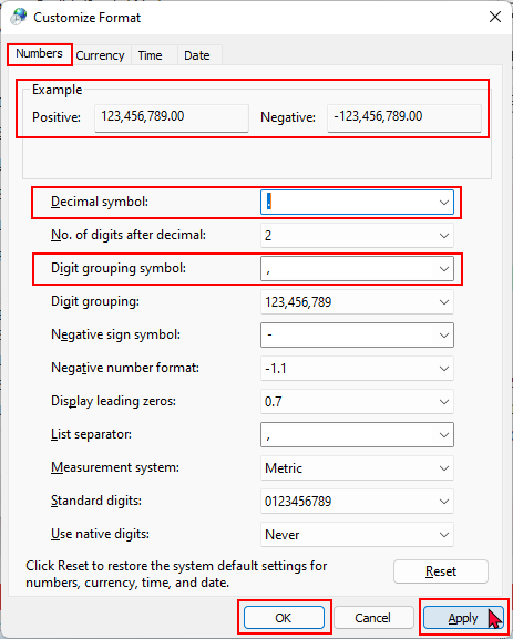 System settings - Number format System settings - Number format